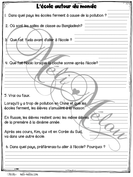 Compréhension de lecture – École autour du monde – Méli-Mélou