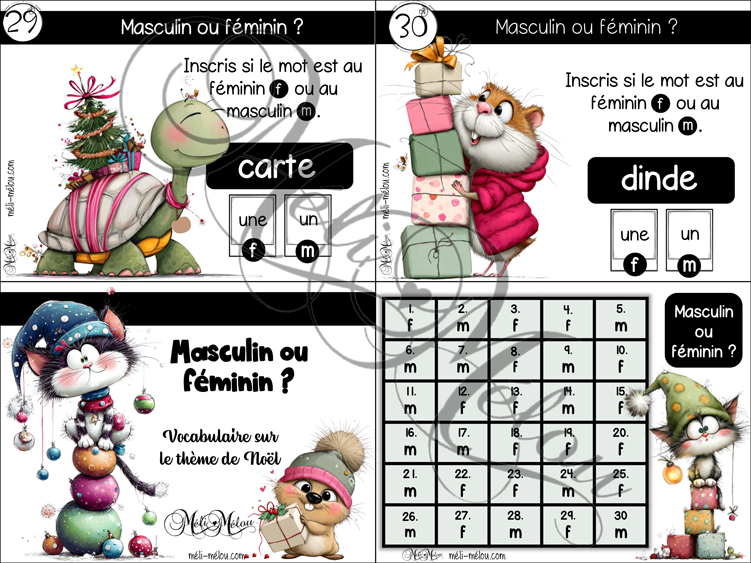 Cartes à tâches – Masculin ou féminin de Noël – Méli-Mélou